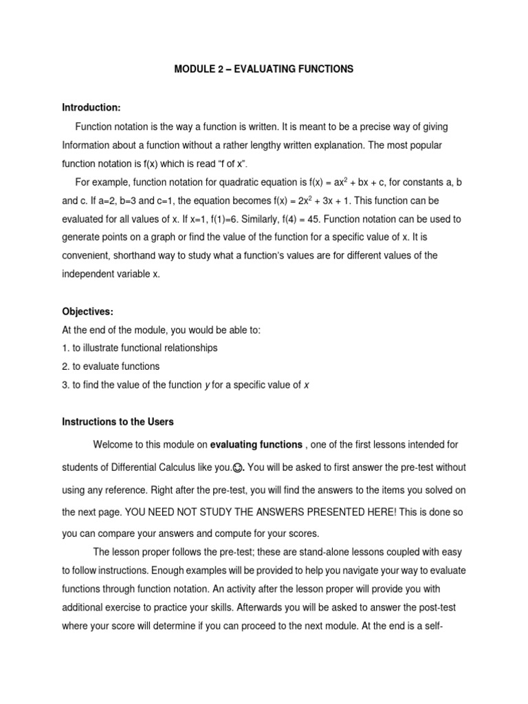 Module 2 Evaluating Functions | PDF