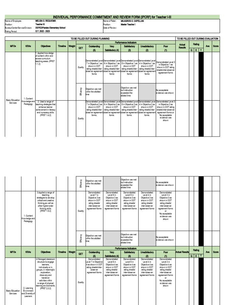 IPCRF Template 2022-2023 for Teachers | PDF | Learning | Teachers
