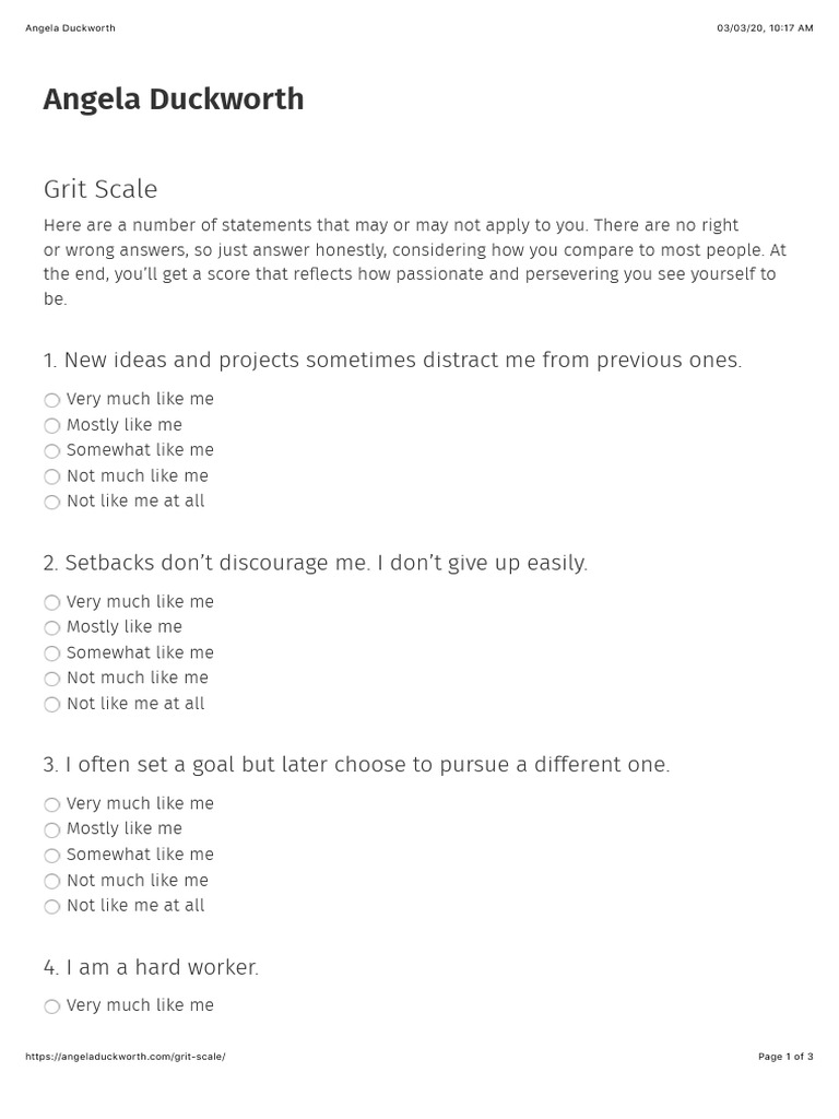 Angela Duckworth Grit Scale | PDF | Grit (Personality Trait) | Social ...