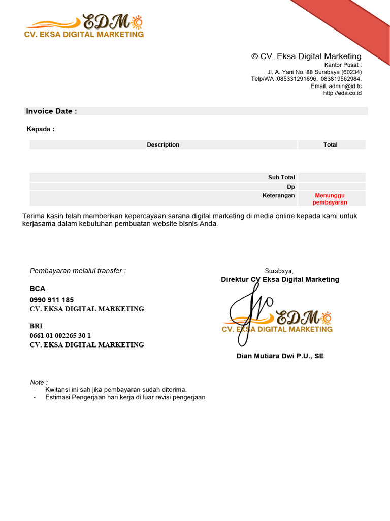 Invoice CV. Eksa Digital Marketing | PDF