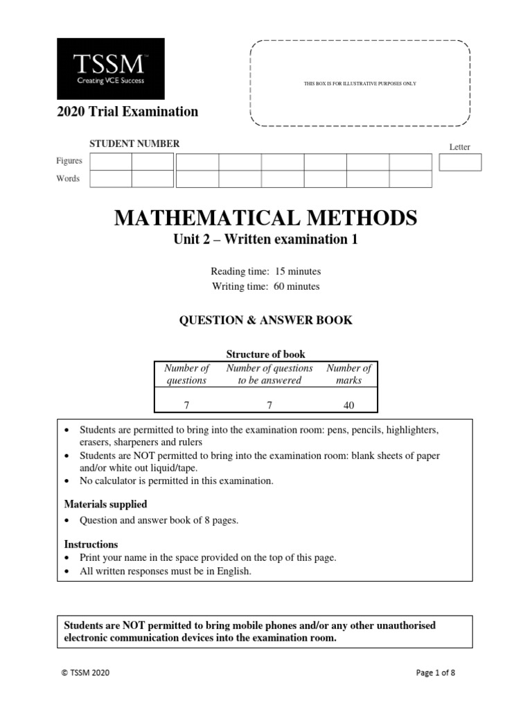Mathematical Methods 2020 Unit 2 Trial Exam 1 TSSM | PDF | Tangent | Books