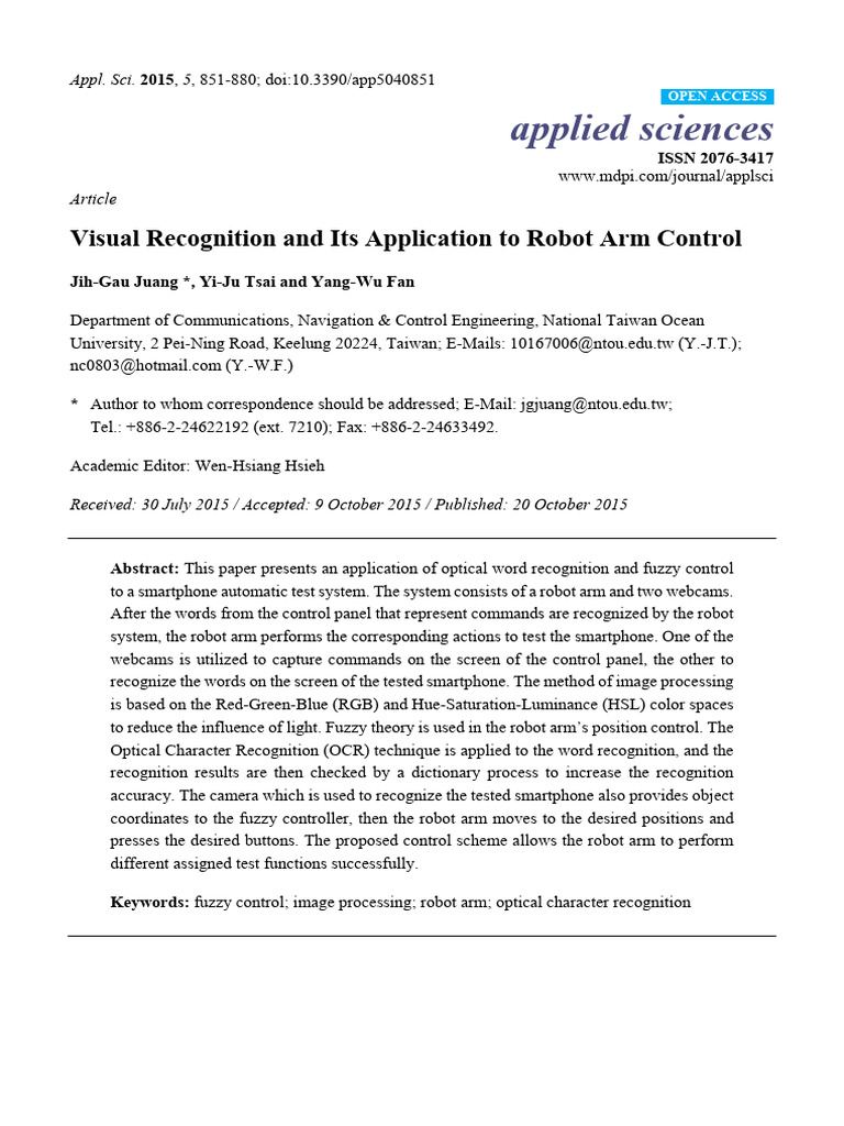Visual Recognition And Its Application To Robot Arm Control Pdf
