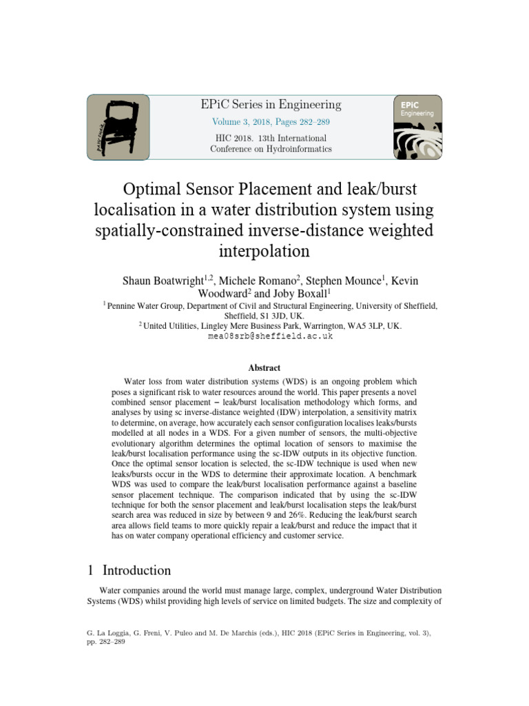 Optimal Sensor Placement and Leak-Burst Localisation in A Water Distribution System Using ...