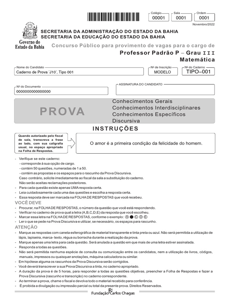 FCC 2022 Sec Ba Professor Padrao P Grau III Matematica Prova | PDF