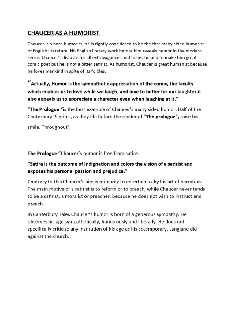 Chaucer As A Humorist | PDF | Satire | The Canterbury Tales