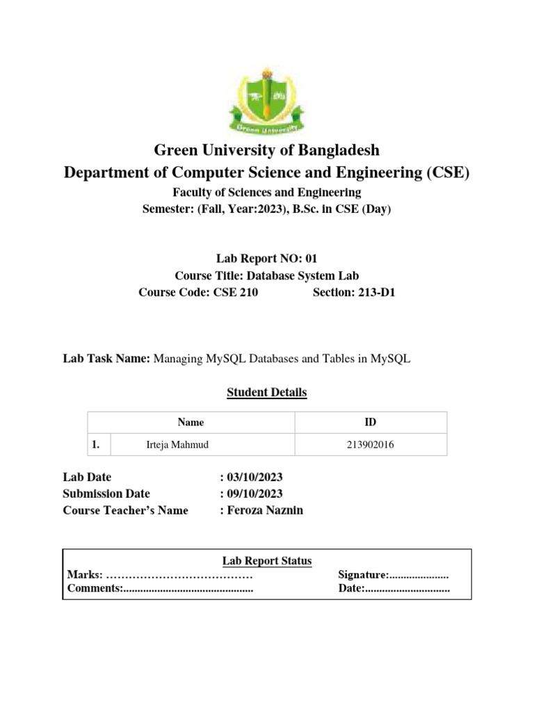 Lab Report-01DB | PDF | Databases | Sql