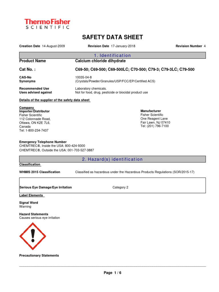 SDS Calcium Chloride Dihydrate | PDF