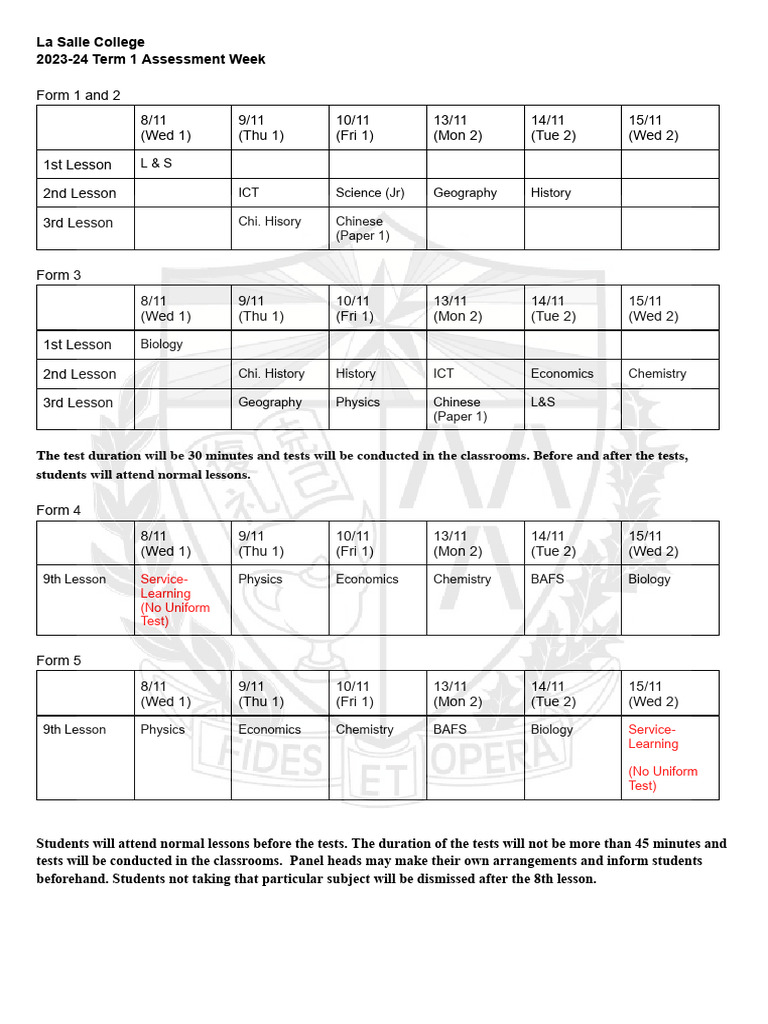 2023-24 Term 1 Assessment Week Timetable | Download Free PDF | Science
