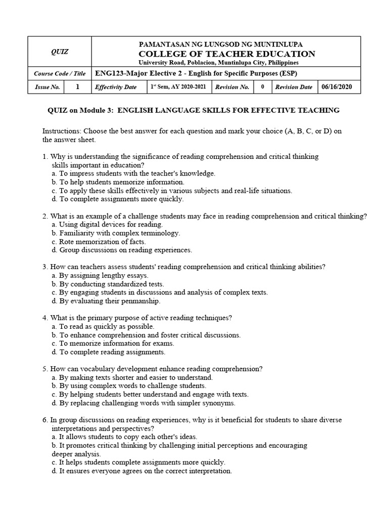 ESP English for Specific Purposes 03 Module 3 QUIZ | PDF | Reading ...