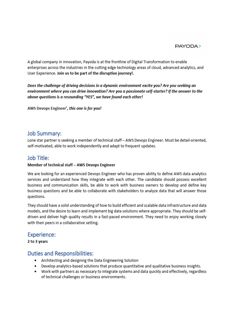 Job Description - AWS Devops Engineer | PDF