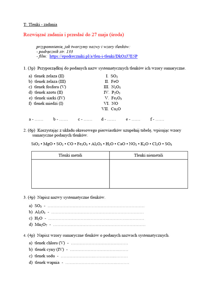 Tlenki Zadania Powtórzeniowe | PDF