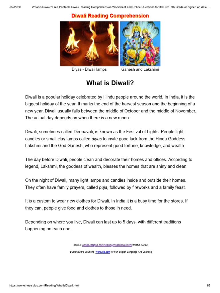 Diwali Reading Comprehension Worksheet | PDF | Hindu Worship | Indian ...