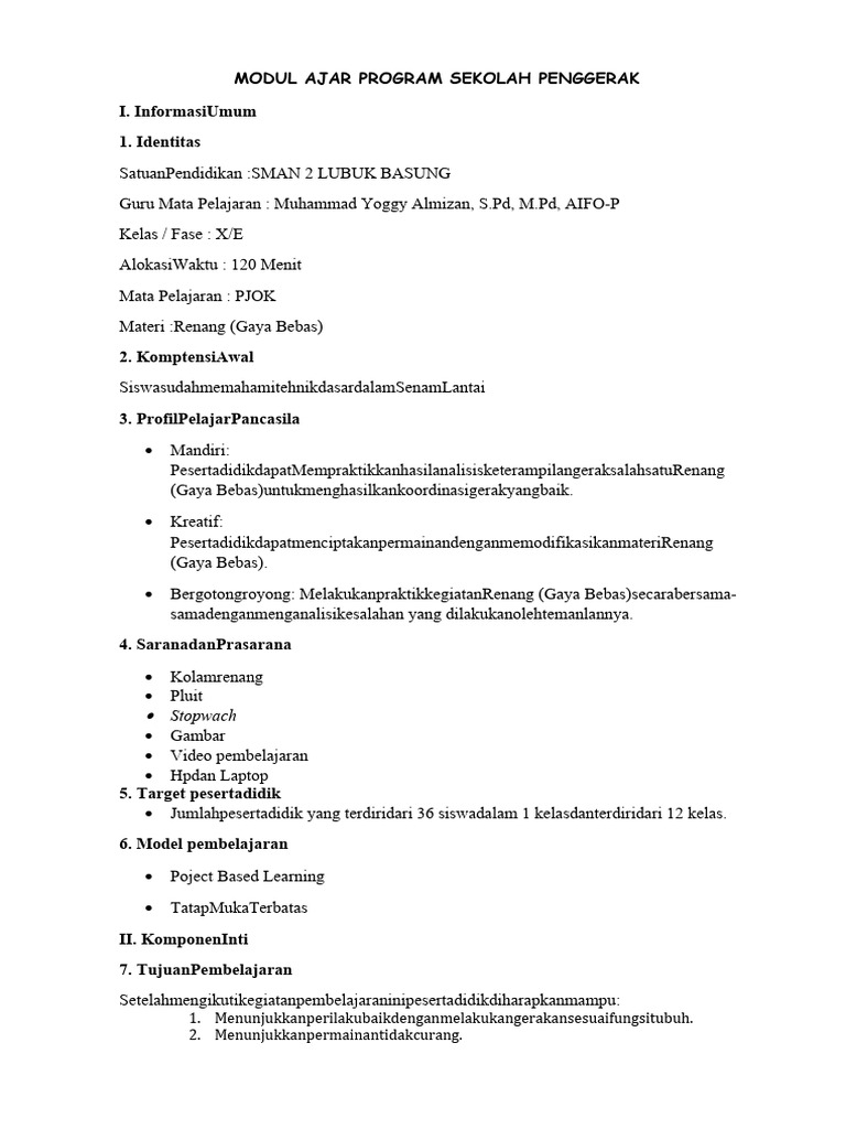 Modul Ajar PSP Renang | PDF