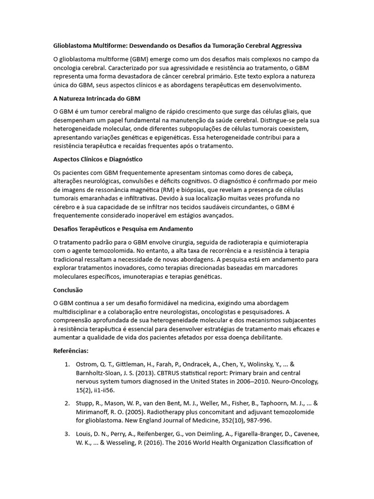 Desafios do Glioblastoma Multiforme | PDF | Câncer | Medicina Clínica