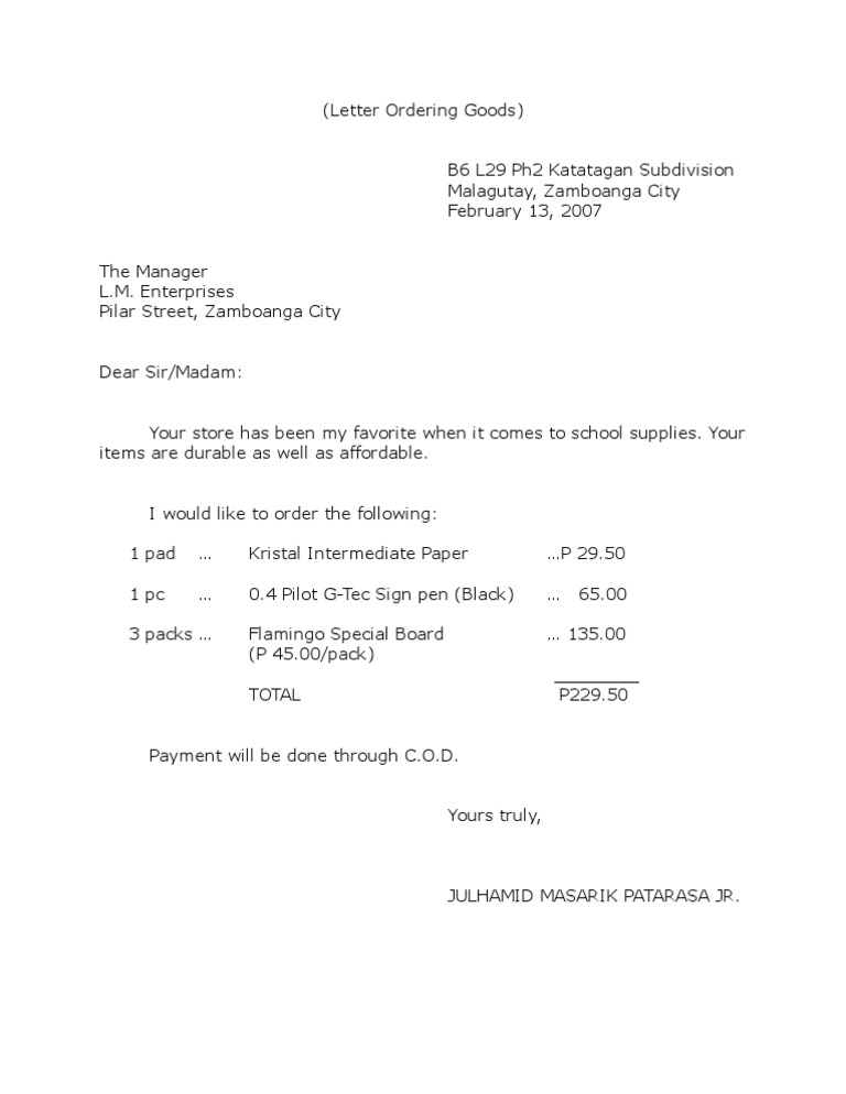 Letter Ordering Goods | PDF