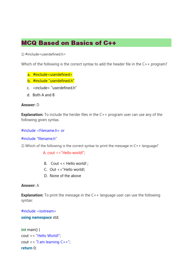 MCQ Based On Basics of C | PDF | C++ | Pointer (Computer Programming)