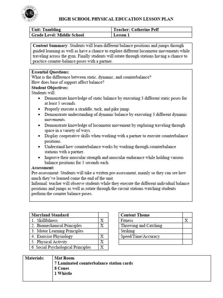 High School Tumbling Lesson Plan | PDF | Cognition | Behavioural Sciences