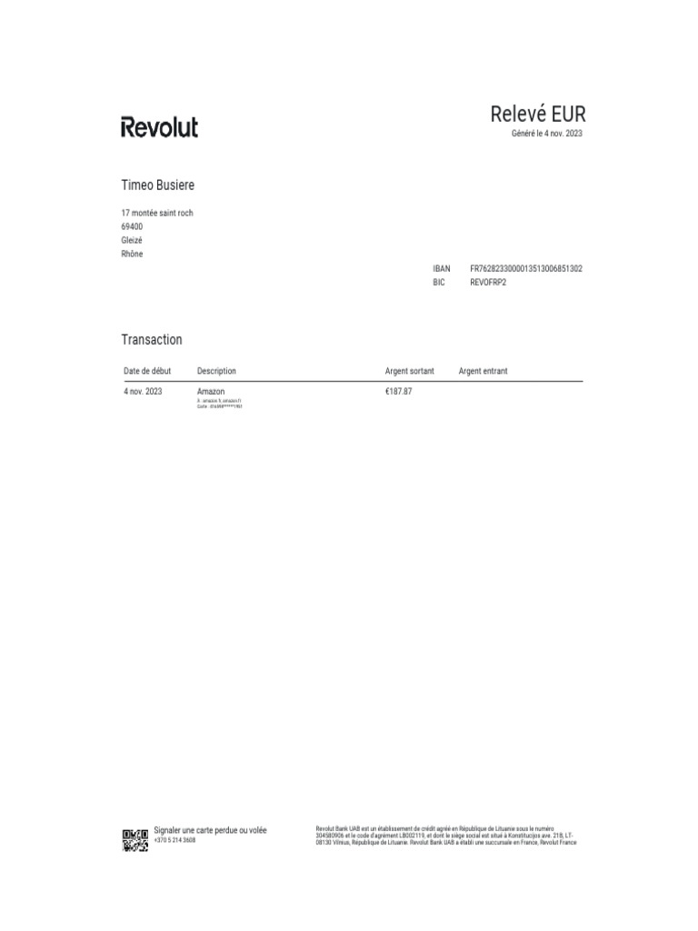 Relevé de compte Revolut - Nov 2023 | PDF | Services financiers ...