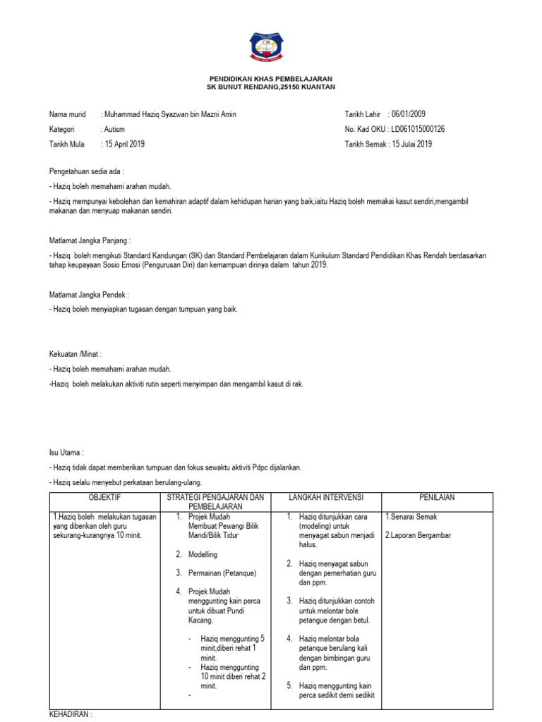 RPI untuk Murid Autisme Haziq | PDF
