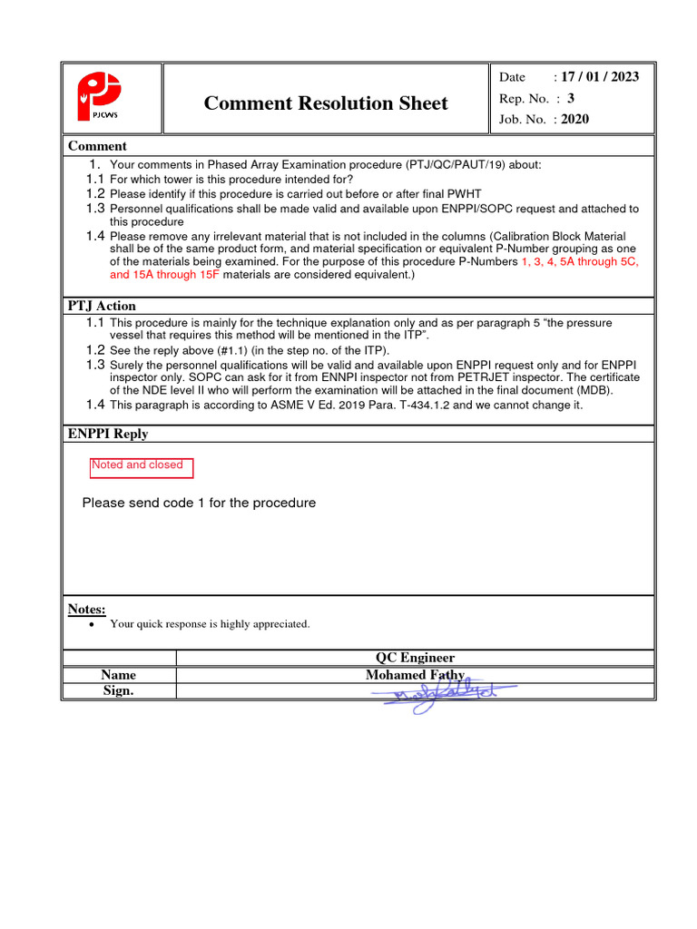 Comment Resolution Sheet 2020 No. 3 | PDF