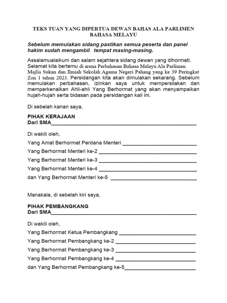 Teks Tuan Yang Dipertua Dewan Bahas Ala Parlimen Bahasa Melayu | PDF | Hukum