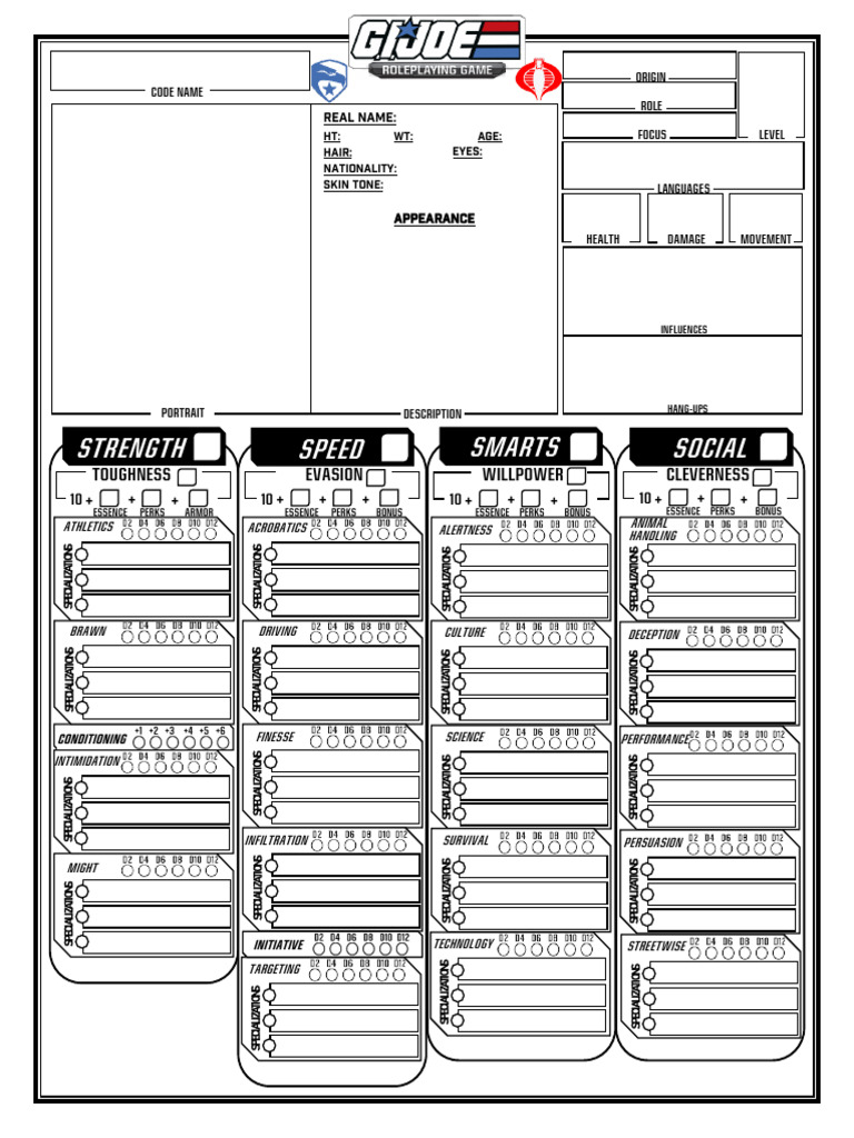 Alternate GI Joe Character Sheet-Fillable 1.1 | PDF