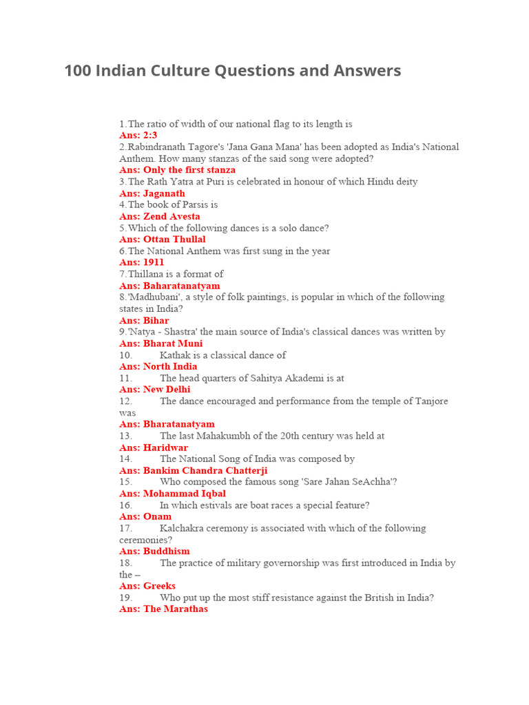 100 Indian Culture Questions and Answers | PDF