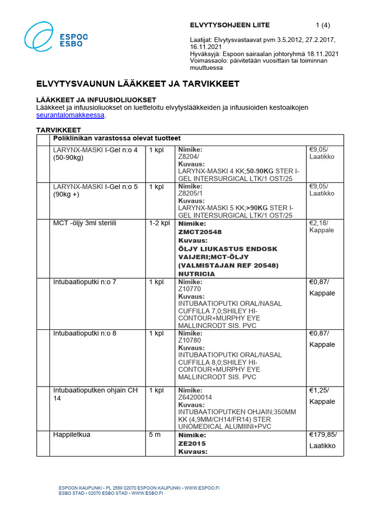 Elvytyvaunun Lääkkeet Ja Tarvikkeet - Koodeilla | PDF