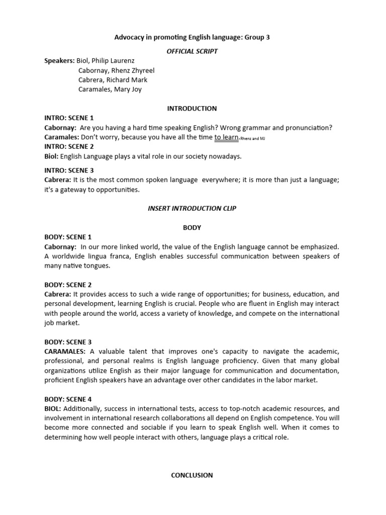 Advocacy in Promoting English Language SCRIPT | PDF | English Language ...