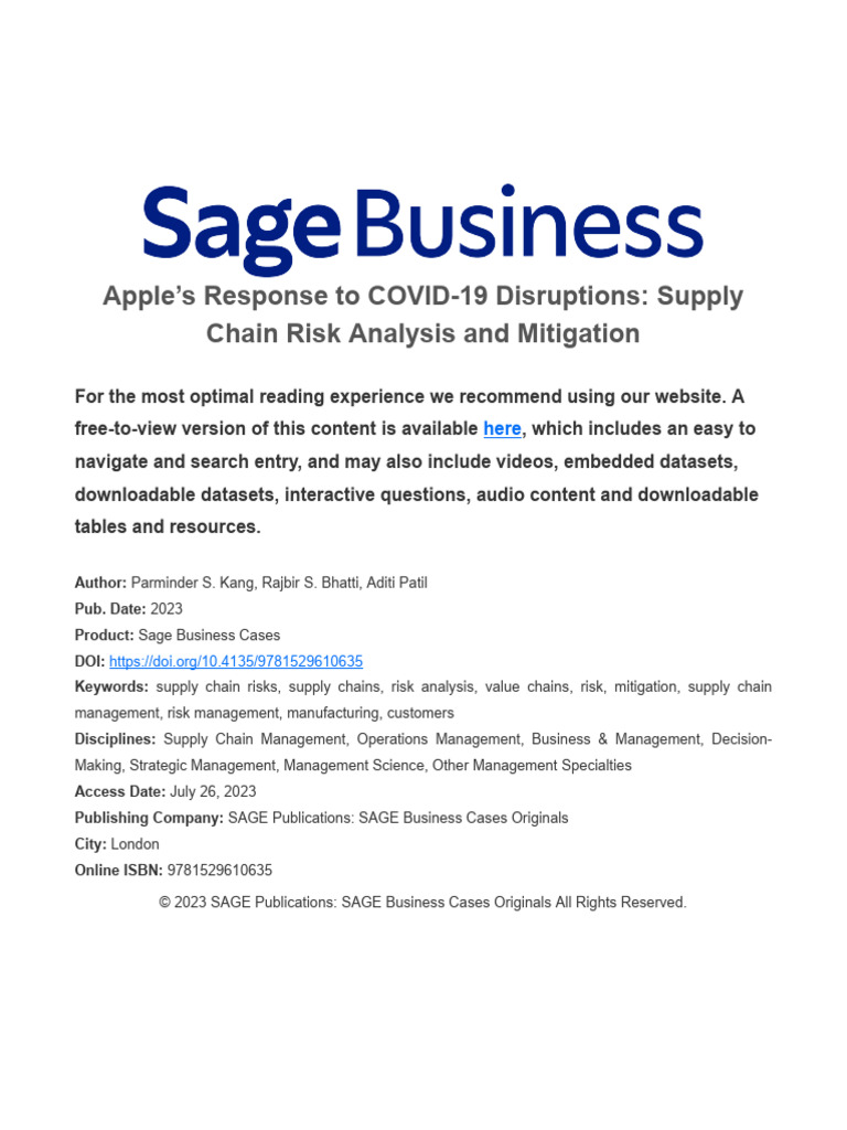 Apple Covid 19 Disruptions Supply Chain Risk Analysis Mitigation | PDF