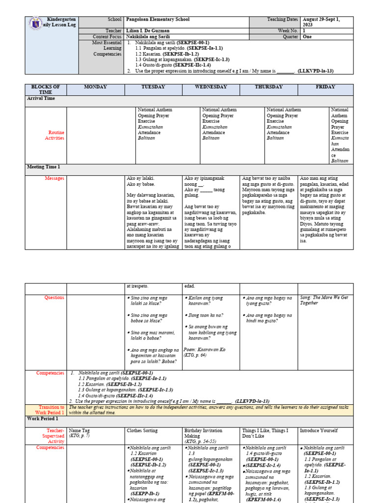 Kindergarten DLL MELC Q1 Week 1 Asf | PDF
