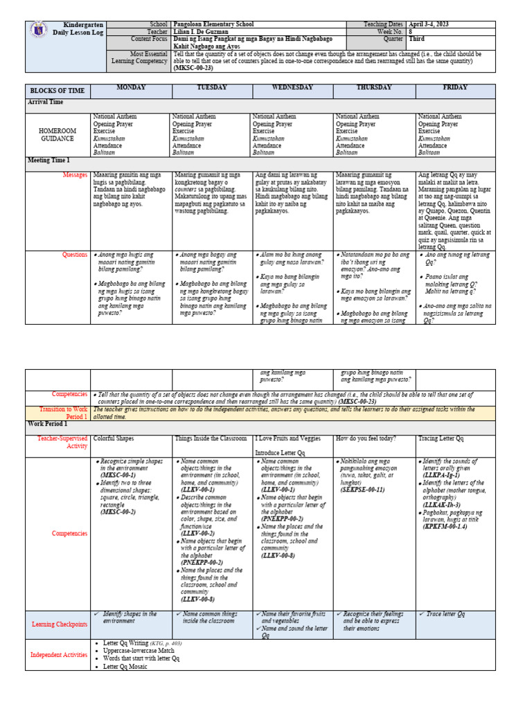 Kindergarten DLL MELC Q3 Week 8 2022 2023 | PDF