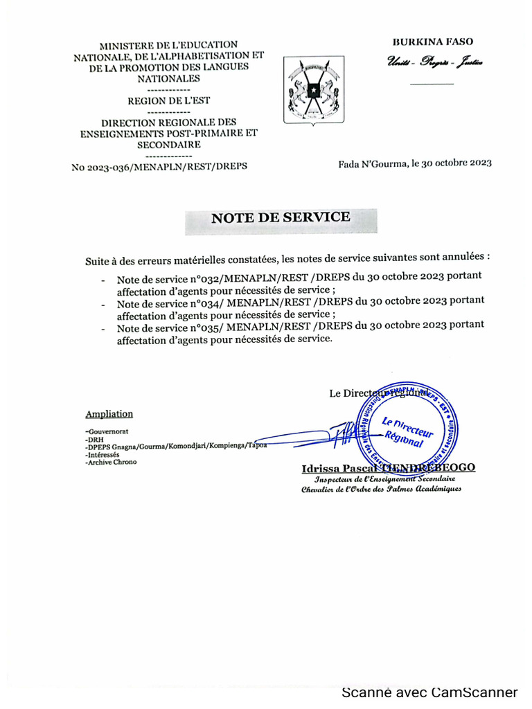 Note de Service Annulation | PDF