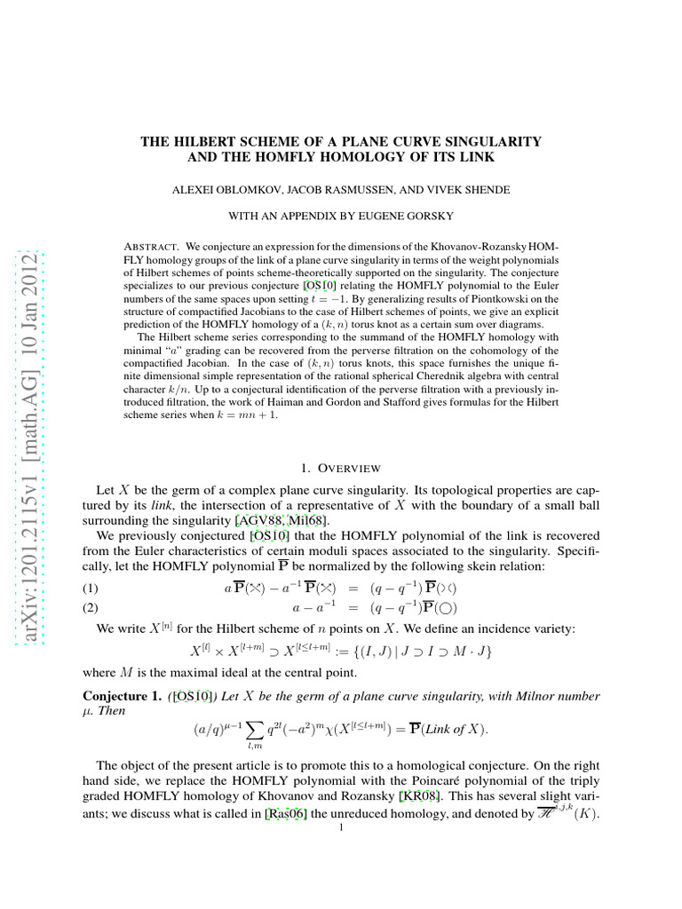 The Hilbert Scheme of A Plane Curve Singularity and The Homfly Homology of Its Link | PDF ...