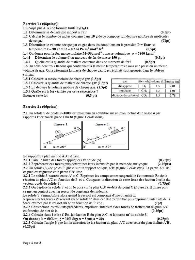 Devoir N°1 2S 2nd Semestre 2023 | PDF | Masse | Pression