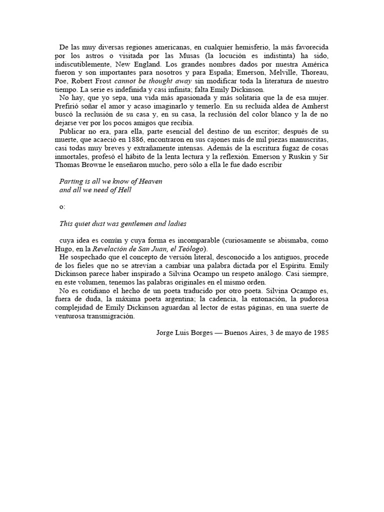 Prólogo de Borges A Los Poemas de Emily Dickinson Traducidos Por ...