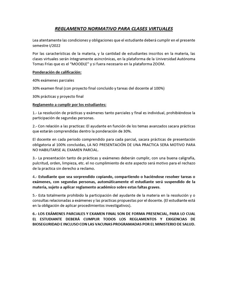 Reglamento Normativo para Clases Virtuales I 2022 | PDF