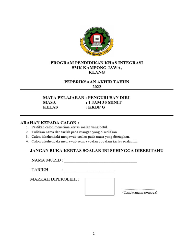 Peperiksaan Akhir Tahun Pengurusan Diri Pendidikan Khas | PDF