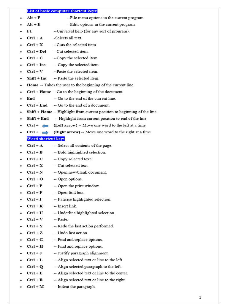 List of Basic Computer Shortcut Keys | PDF
