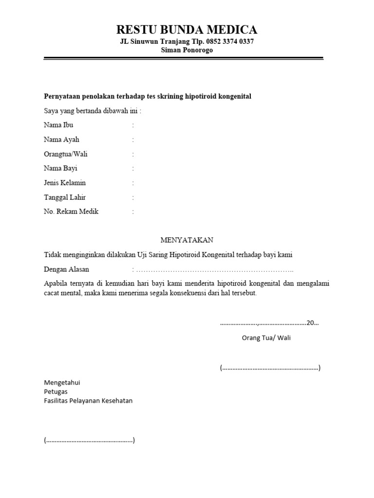 Pernyataan Penolakan Terhadap Tes Skrining Hipotiroid Kongenital | PDF Pernyataan Penolakan Terhadap Tes Skrining Hipotiroid Kongenital | PDF