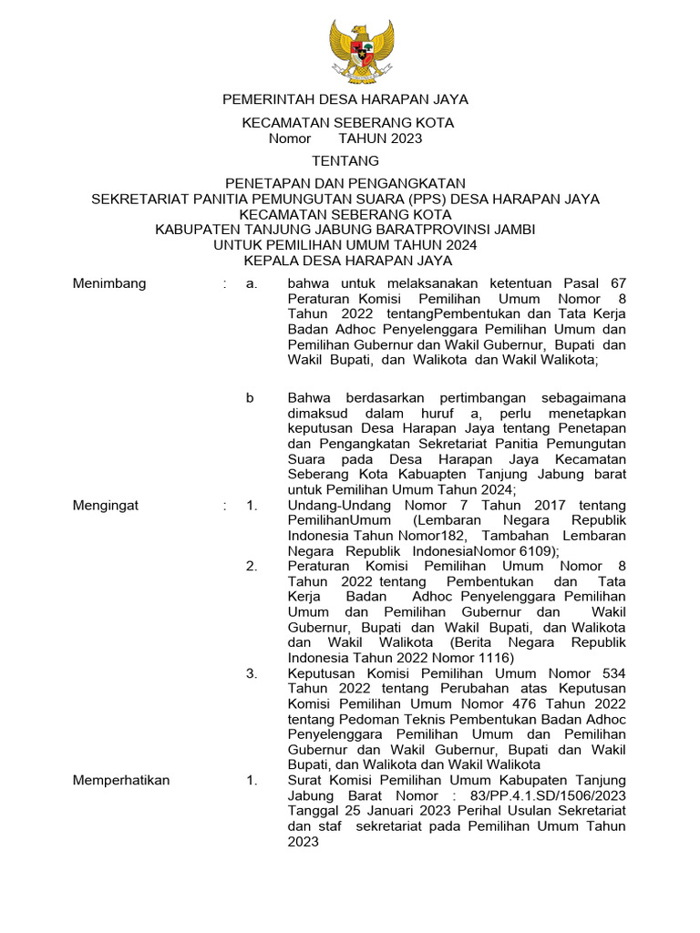 Format SK Sekretariat PPS Untuk Pemilu Tahun 2024 | PDF