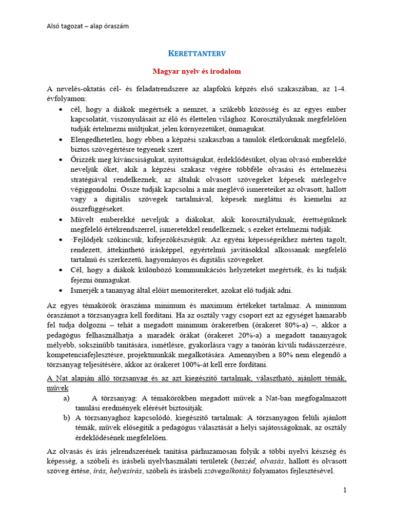 Kerettanterv Magyar Nyelv És Irodalom | PDF