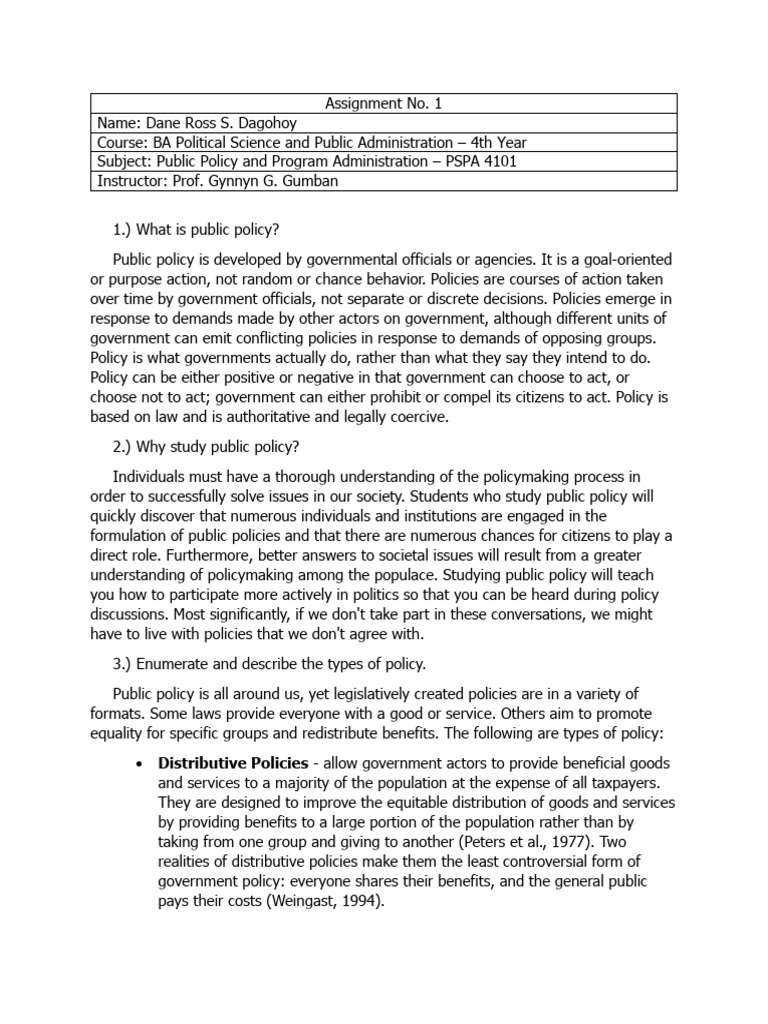 Assignment No 1 Pspa 4101 Pdf Policy Political Science 