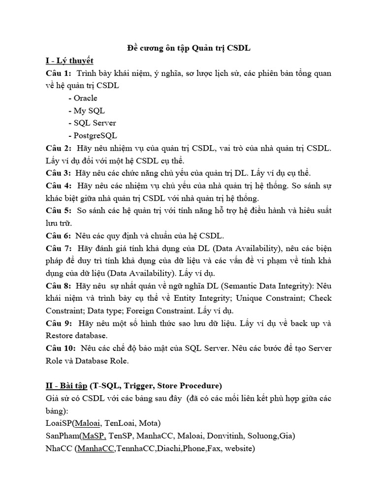 Đề cương ôn tập Quản trị CSDL | PDF