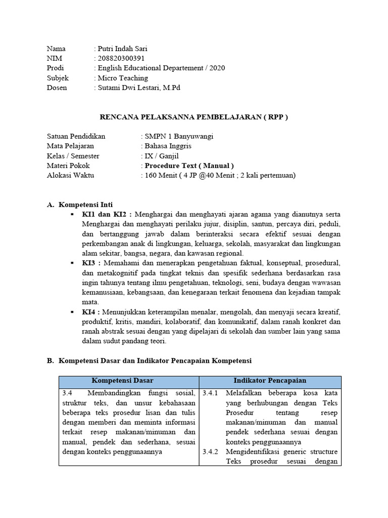 RPP - Kelas IX Ganjil - Procedure Text Manual | PDF