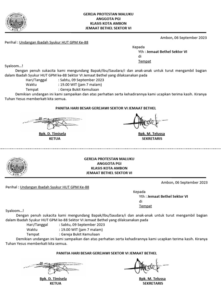 Undangan Ibadah Syukur HUT GPM Ke-88 | PDF