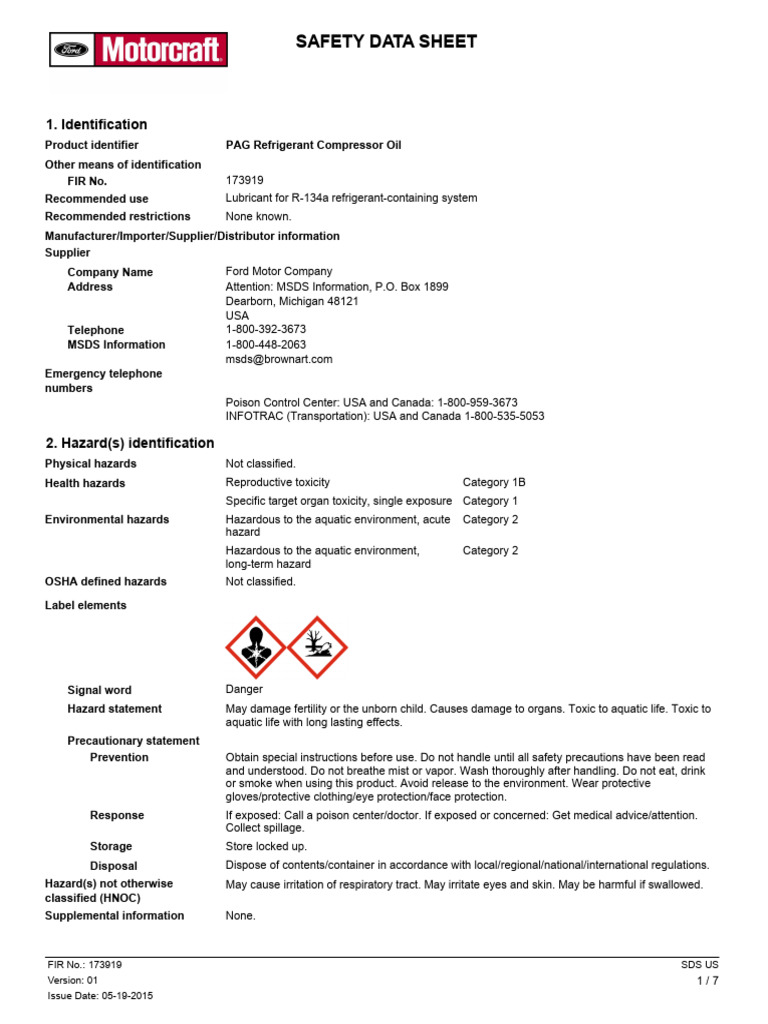 Pag Oil Msds | Download Free PDF | Dangerous Goods | Hazardous Waste