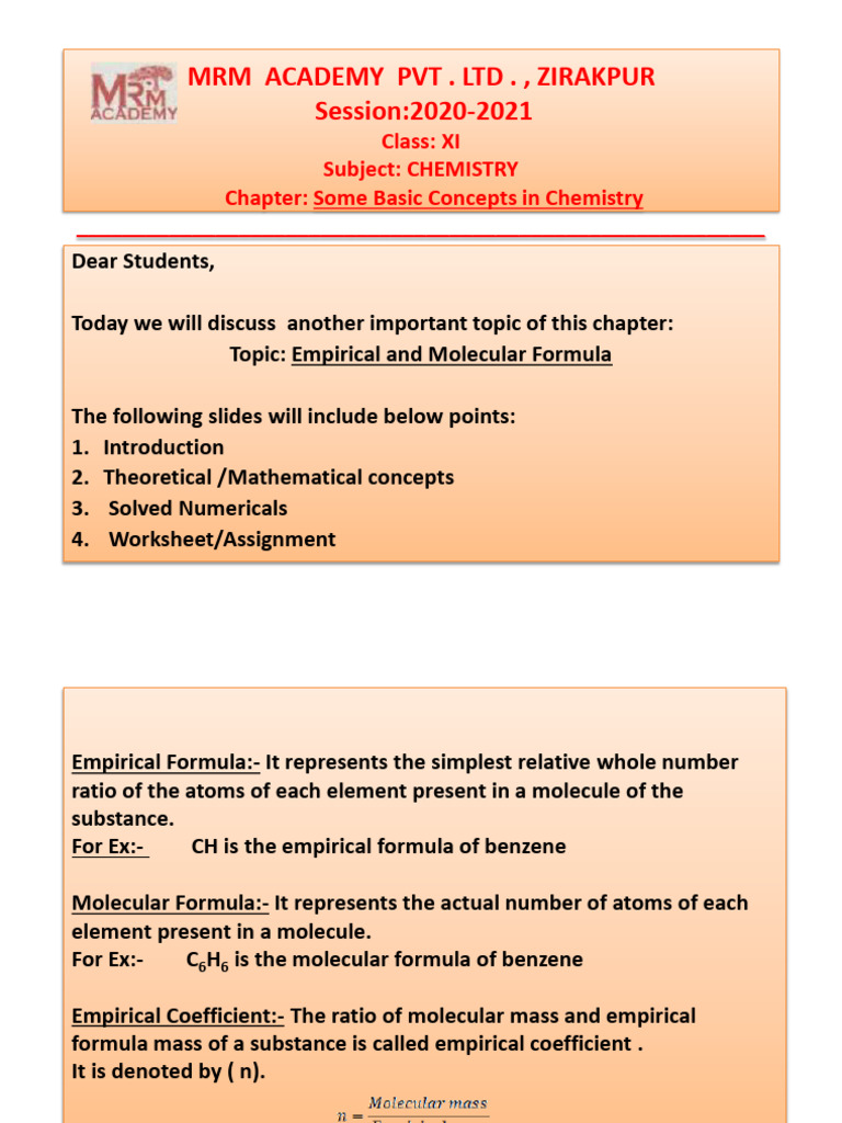 Chemistry Class 11 Lecture 3 (Empirical and Molecular Formula) | PDF | Molecules | Chemical ...