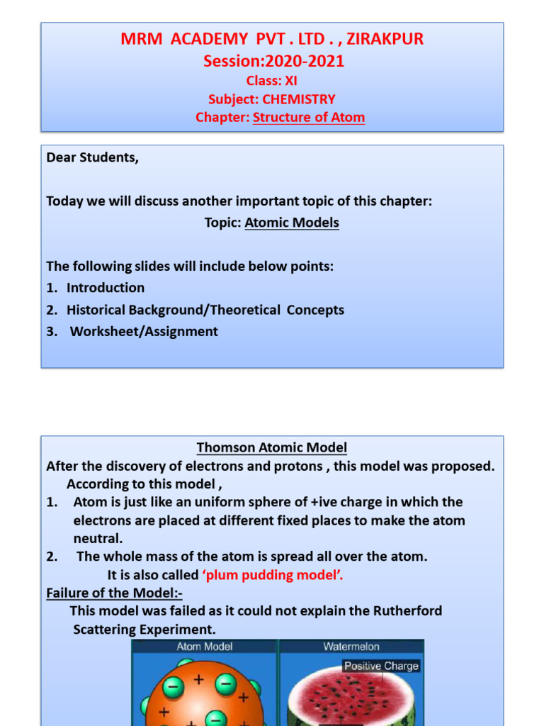 Chemistry Class 11 Lecture 2 CH-2 (Atomic Models) | PDF | Atoms | Electron Chemistry Class 11 Lecture 2 CH-2 (Atomic Models) | PDF | Atoms | Electron