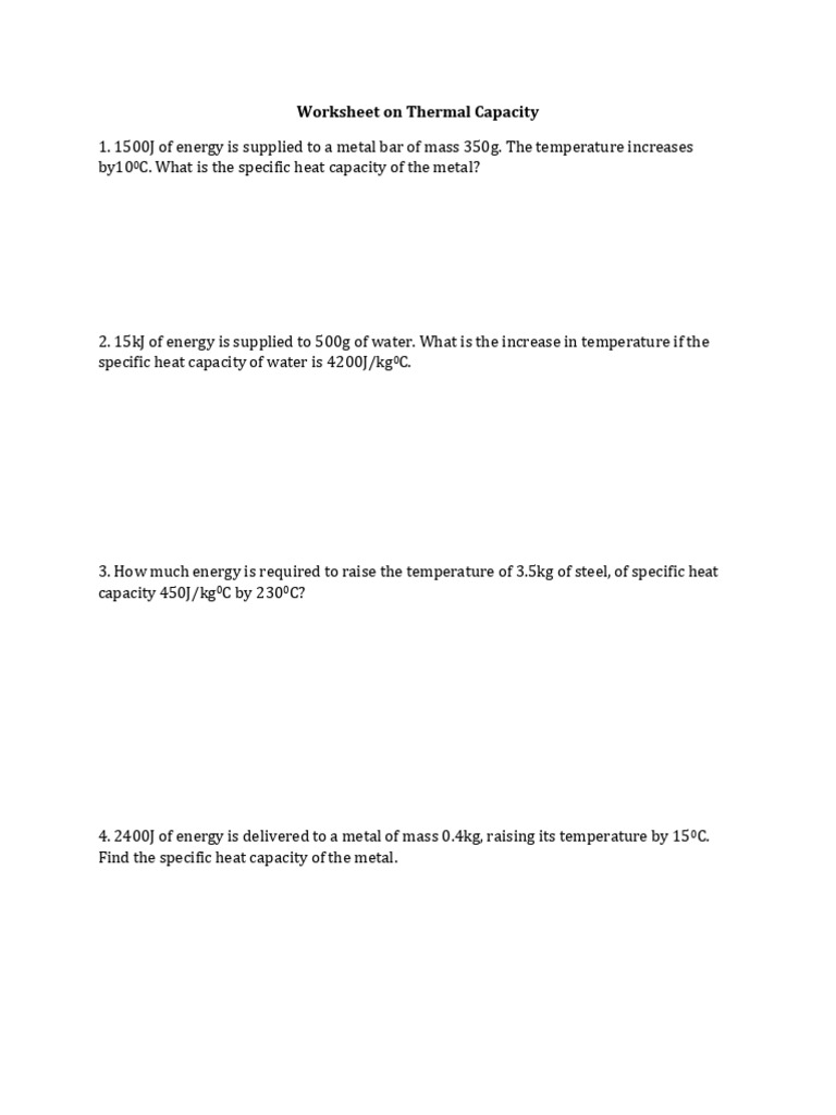Thermal Capacity Worksheet | PDF